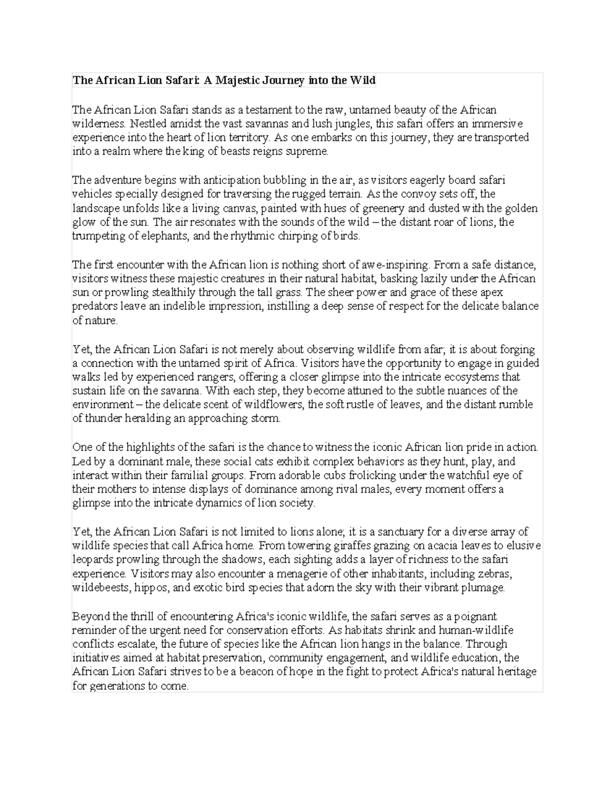 African Lion Saffari - Essay on zoo - The African Lion Safari: A ...