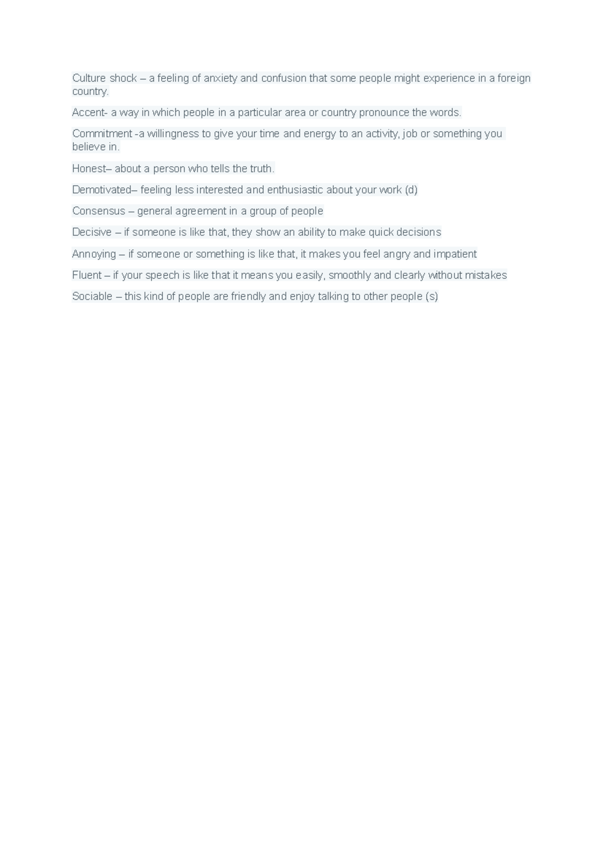 Defenitions 7 - jlhl - Culture shock – a feeling of anxiety and ...