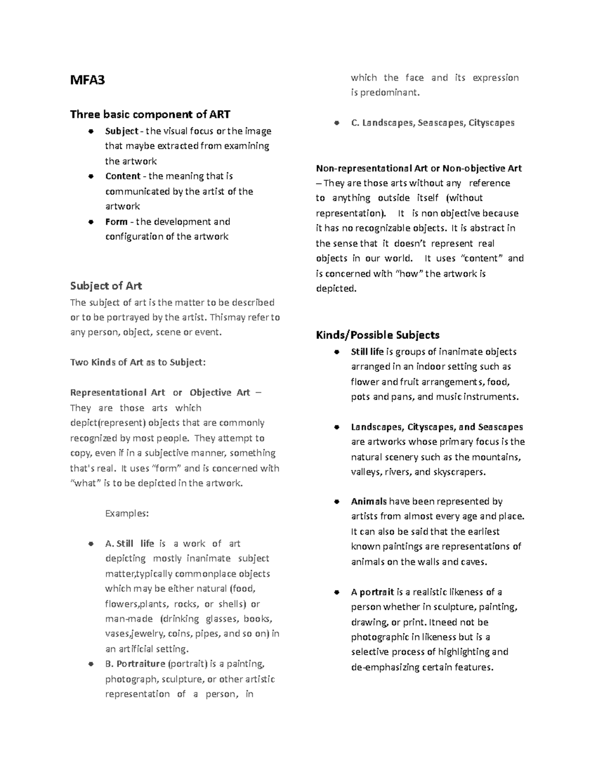 Art appreciation - haaa - MFA Three basic component of ART Subject ...