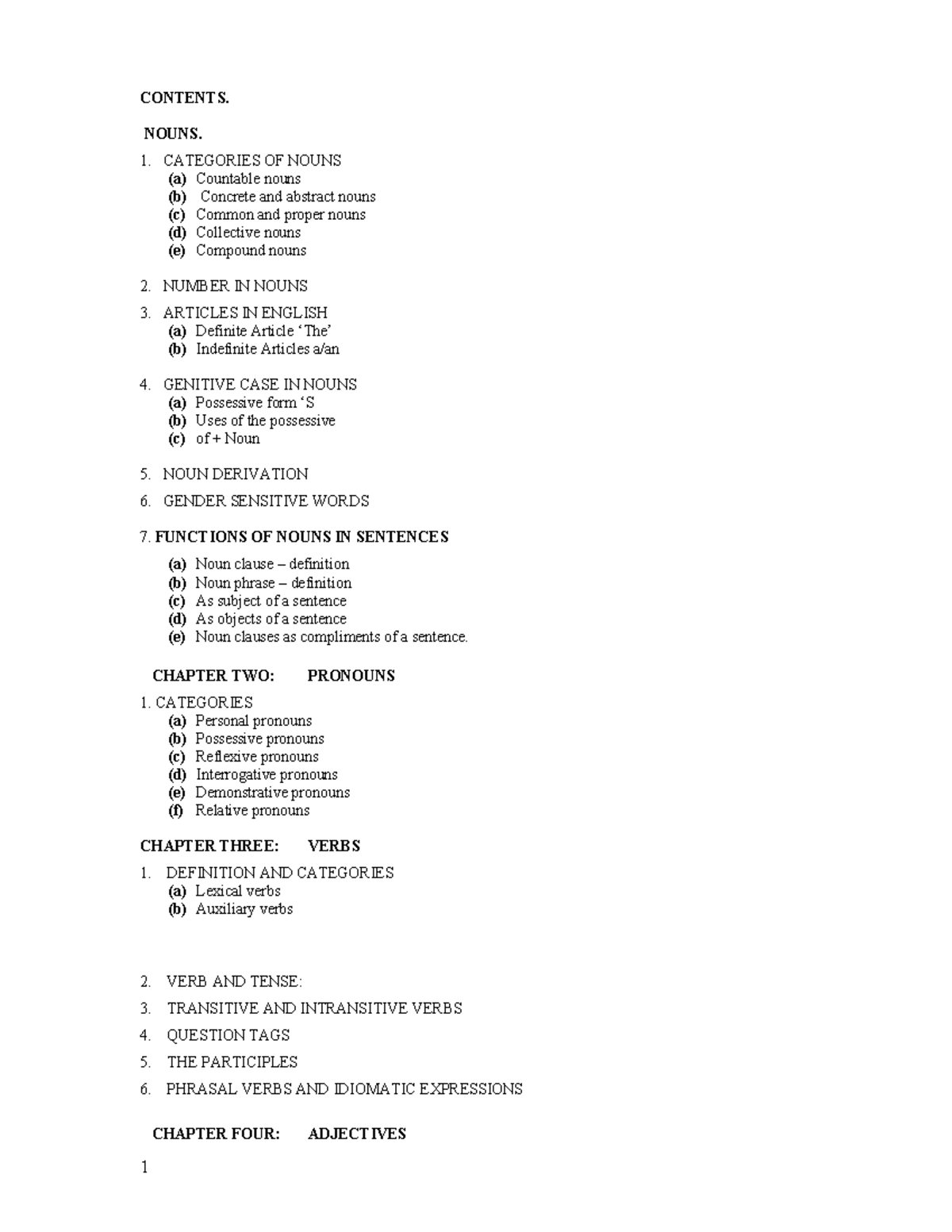 English- Grammar- Notes - CONTENTS. NOUNS. 1. CATEGORIES OF NOUNS (a ...