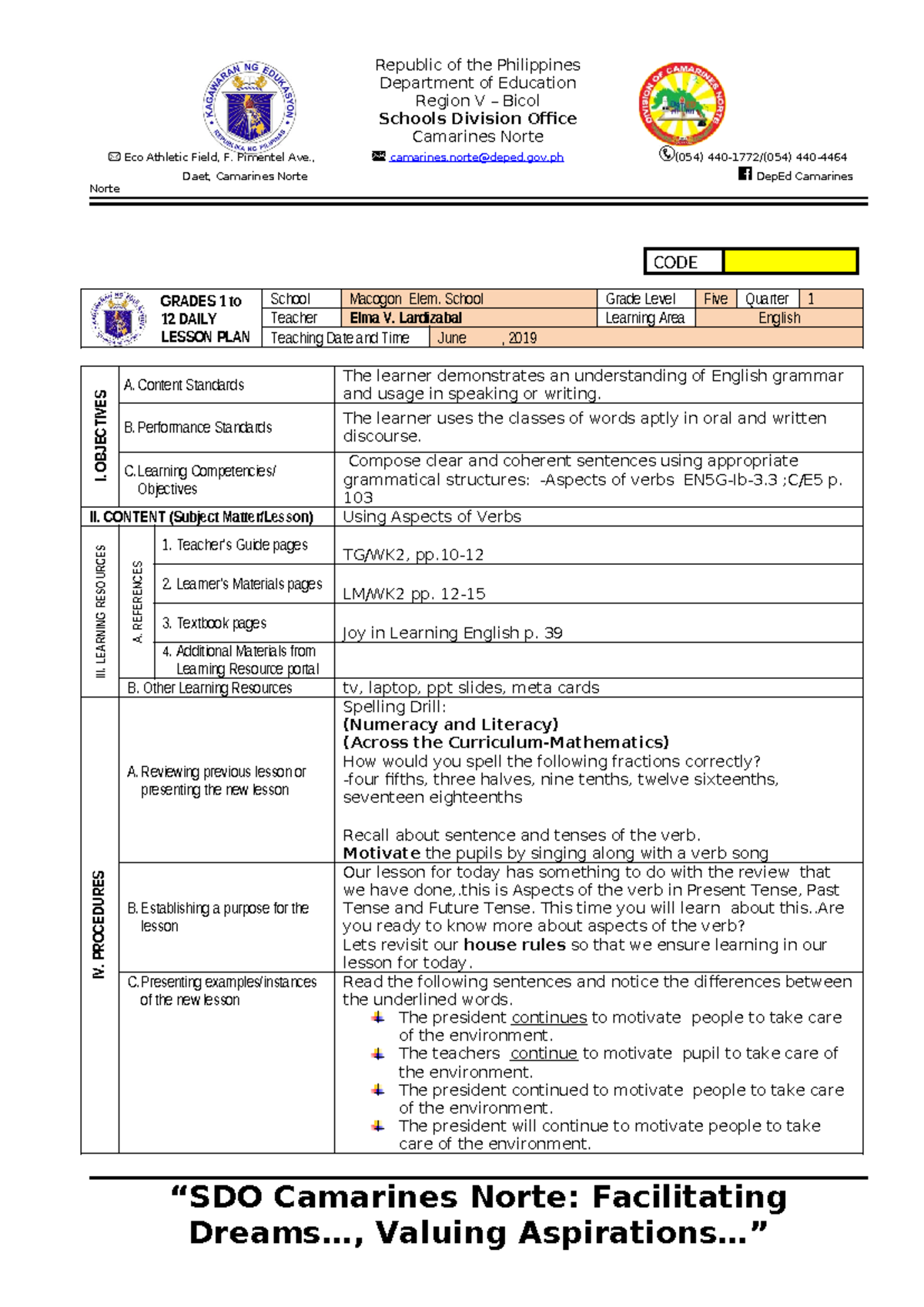 COT for MT-Eng5Q1W2-Obs - Department of Education Region V – Bicol ...