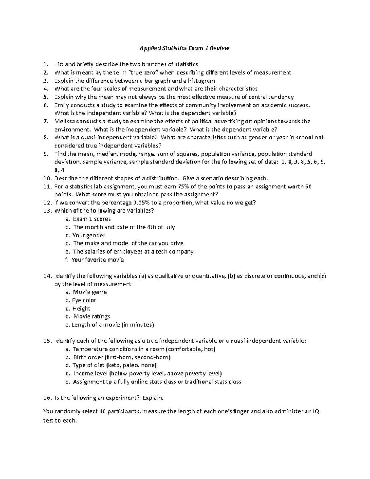 Exam 1 review Practice - Applied Statistics Exam 1 Review List and ...