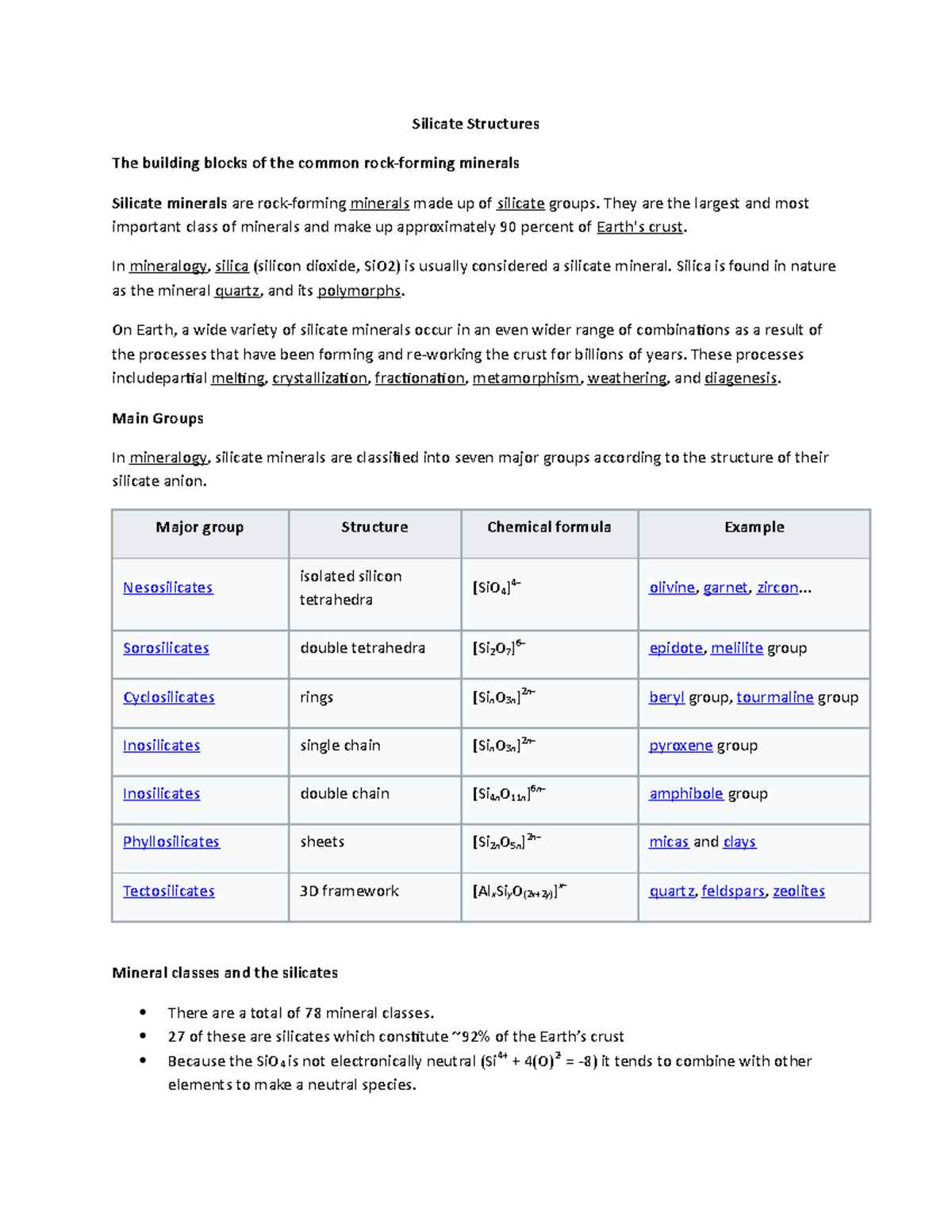 Silicate Structures Notes Silicate Structures The Building Blocks Of The Common Rock Forming