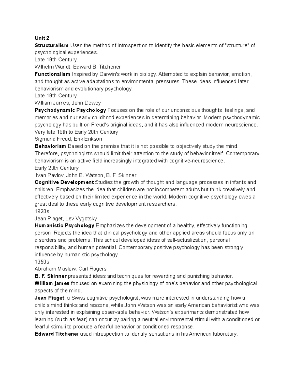 Psychology unit 2 3 notes - Unit 2 Structuralism Uses the method of ...
