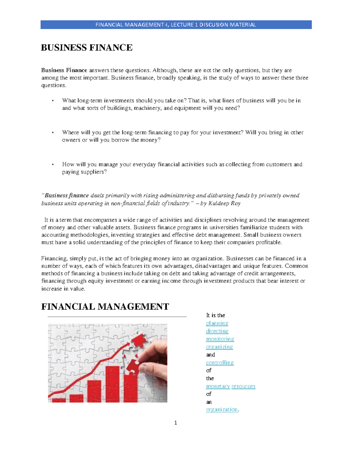 Chapter 1-notes - notes - BUSINESS FINANCE Business Finance answers ...