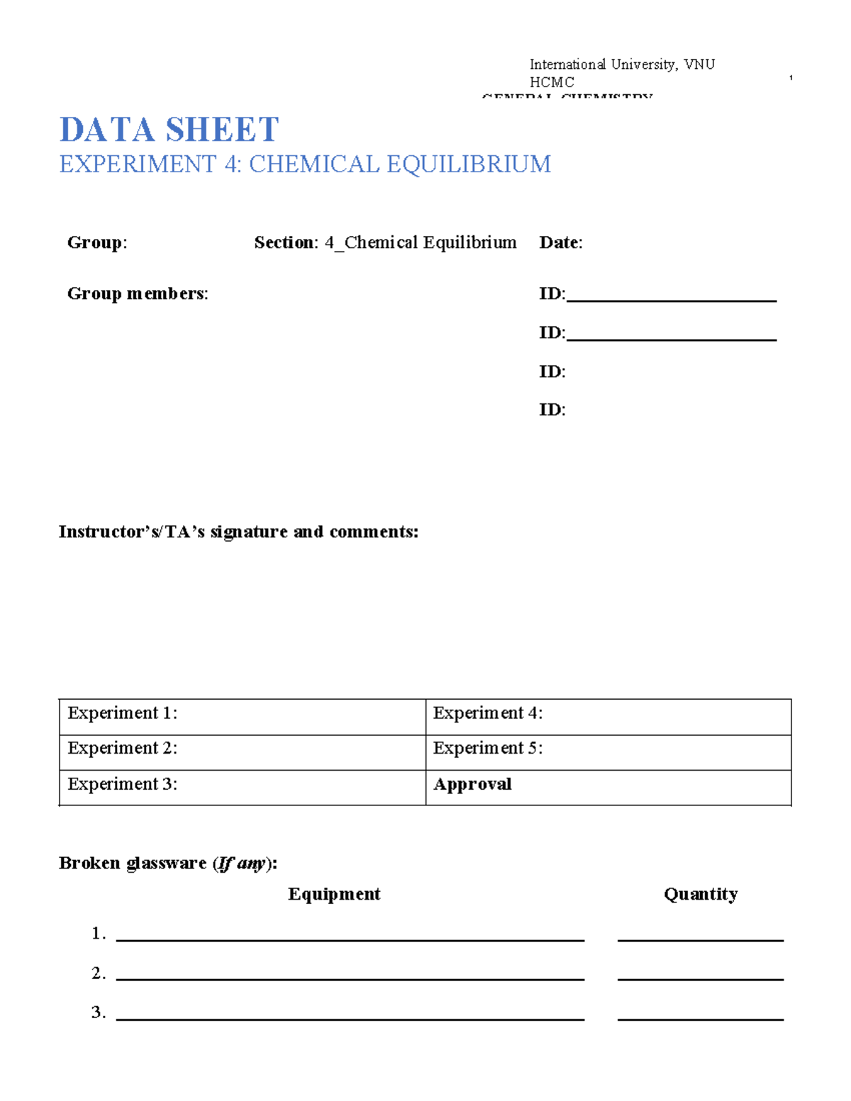 [Gen Chem] DATA Sheet - HCMC GENERAL CHEMISTRY 1 DATA SHEET EXPERIMENT ...