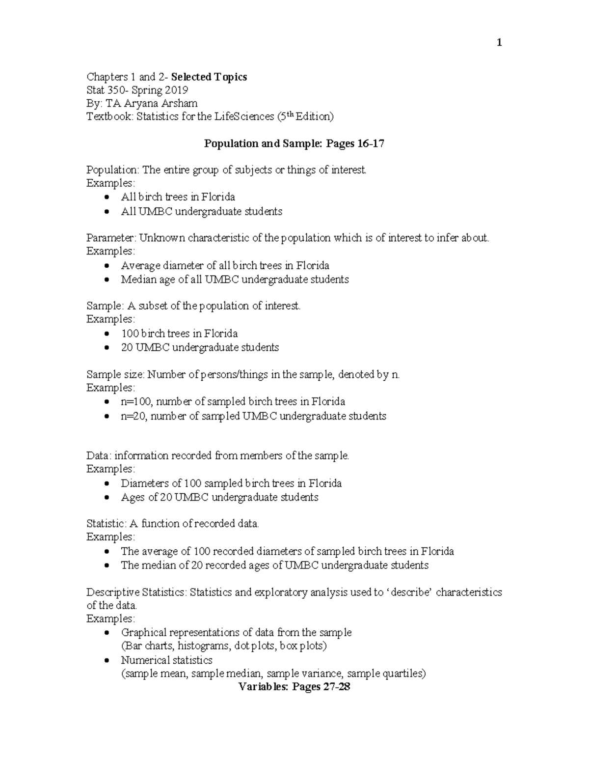 Chapter 1-2 Review - Summary - Chapters 1 and 2- Selected Topics Stat ...