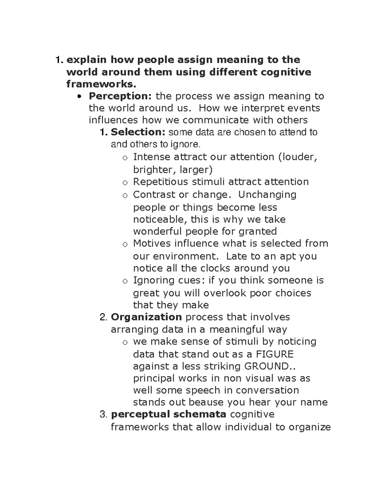 Chapter Three textbook notes - 1. explain how people assign meaning to ...