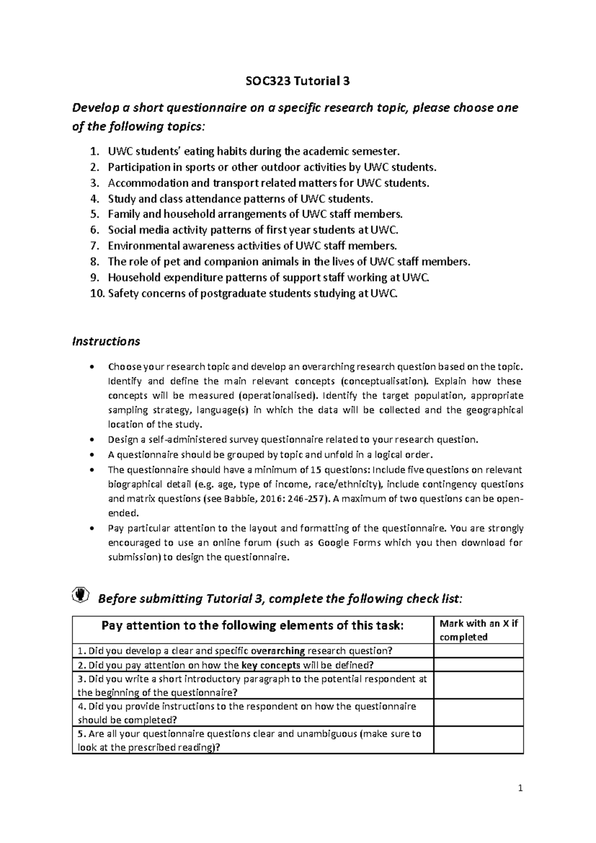 SOC323 Tutorial 3 - N/A - 1 SOC323 Tutorial 3 Develop a short questionnaire on a specific ...