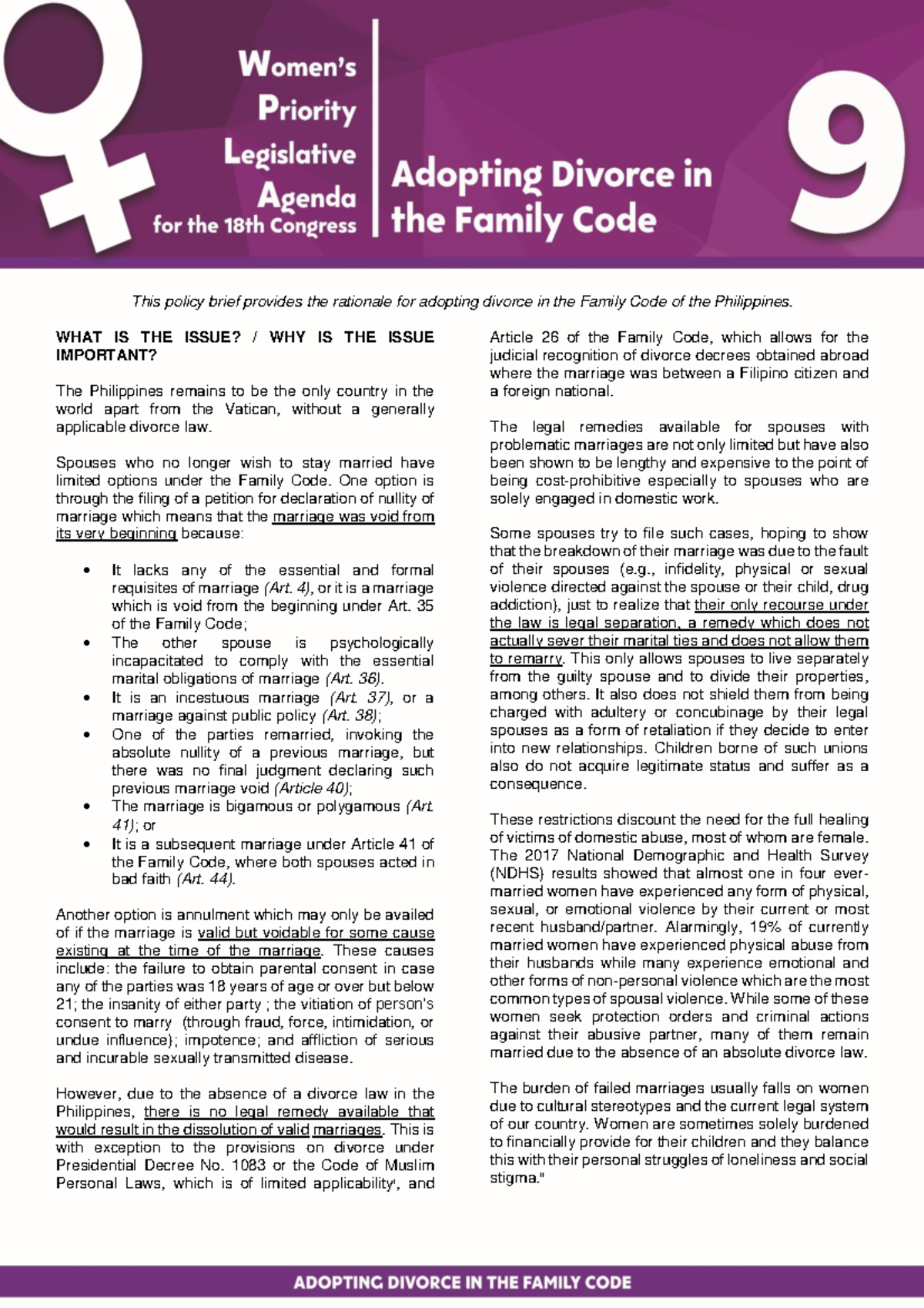 PCW WPLA PB 09 Adopting Divorce in the Family Code - 1 | P a g e This ...