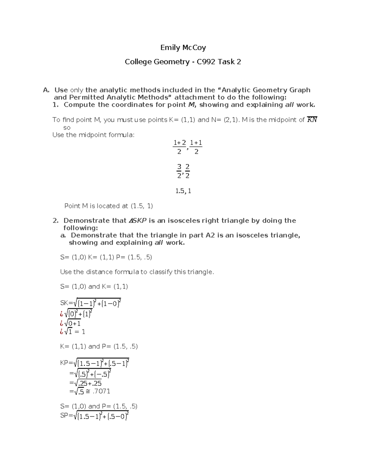 Geometry Task 2 - Task 2 - Emily McCoy College Geometry - C992 Task 2 A ...