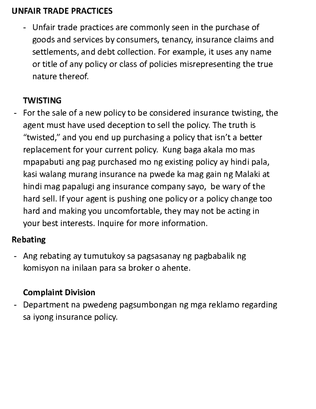 Reporting - financial management - UNFAIR TRADE PRACTICES Unfair trade ...