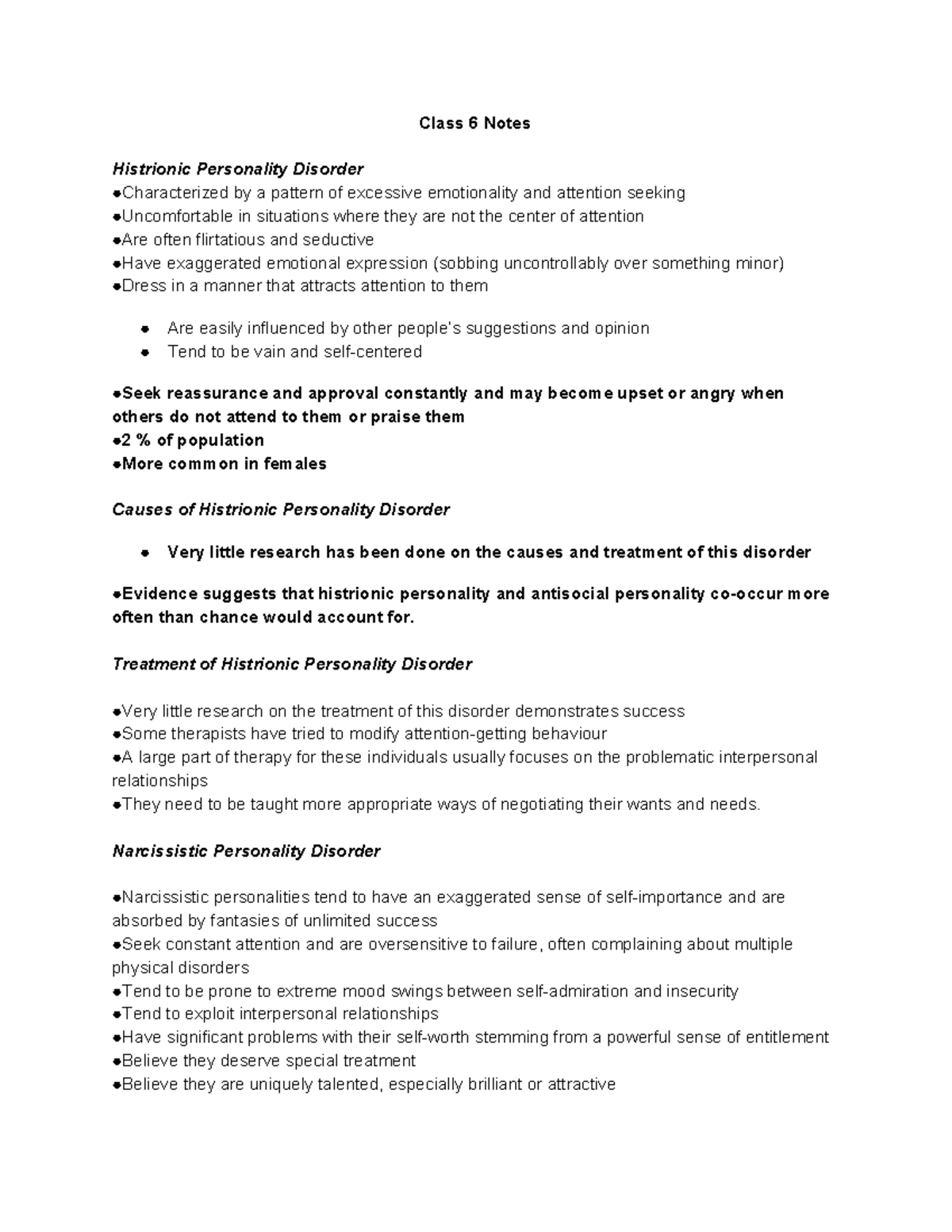 Class 6 - Lecture notes 6 - Class 6 Notes Histrionic Personality ...