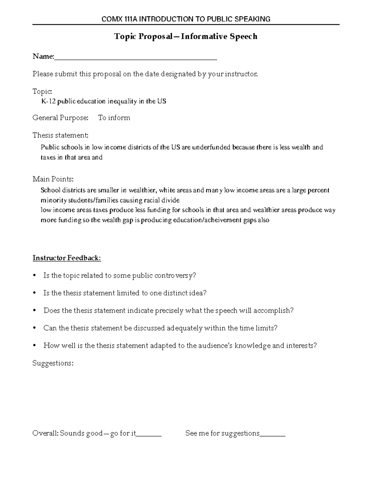 Informative Speech Topic Proposal - COMX 111A INTRODUCTION TO PUBLIC ...