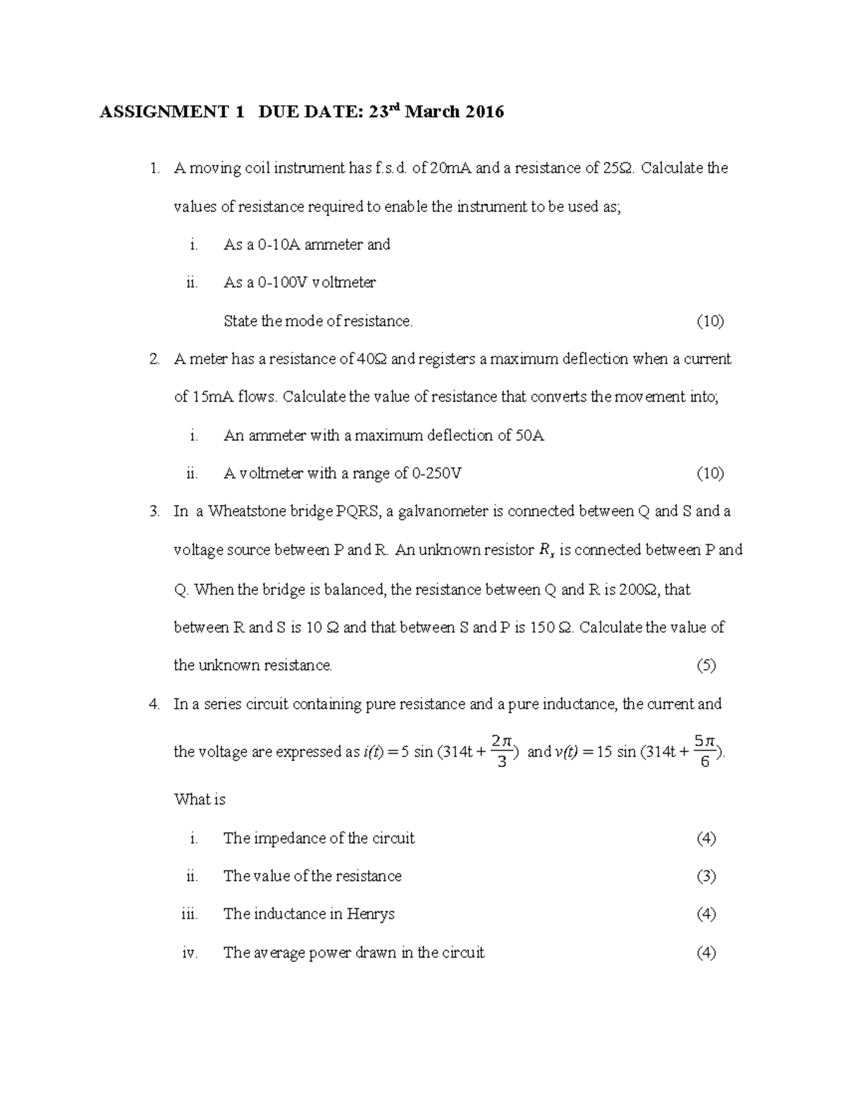 Assignment 1 sem 1 2016 EEE 210S - ASSIGNMENT 1 DUE DATE: 23rd March ...