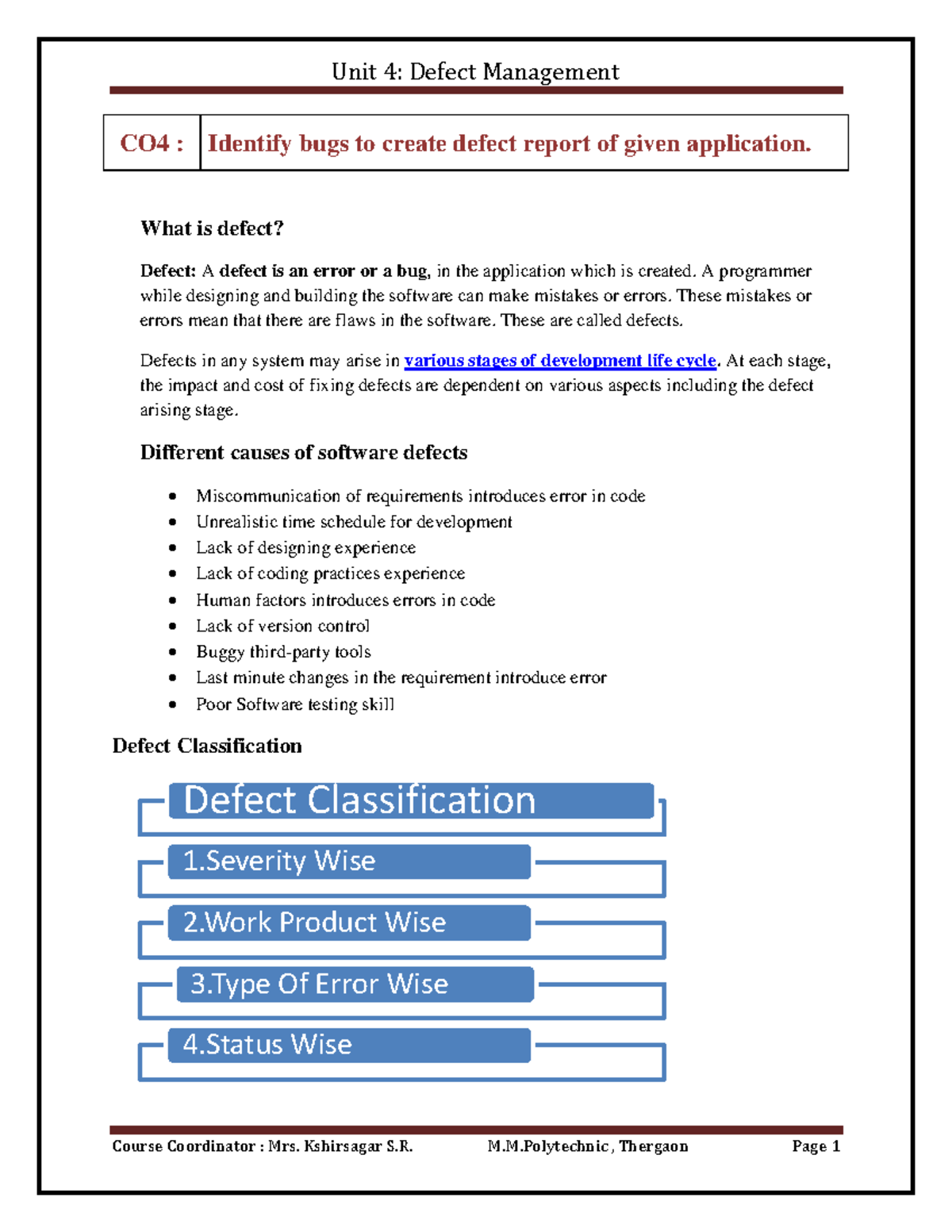 Chapter-4 - Yes - CO4 : Identify bugs to create defect report of given ...