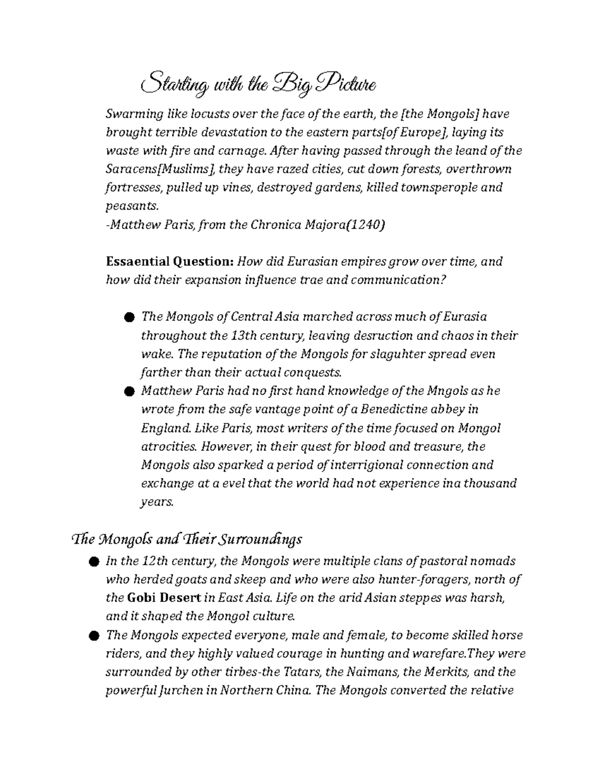 Amsco UNIT 2.2 Notes(The Mongol Empire and the Modern World from circa ...