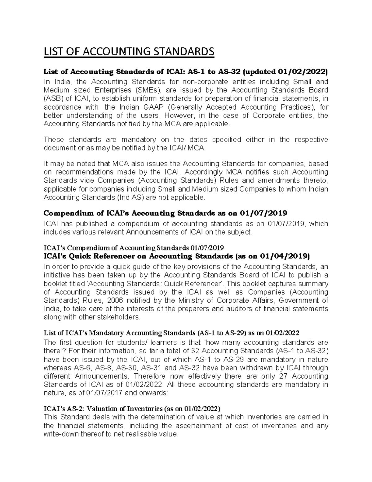 LIST OF Accounting Standards - LIST OF ACCOUNTING STANDARDS List of ...