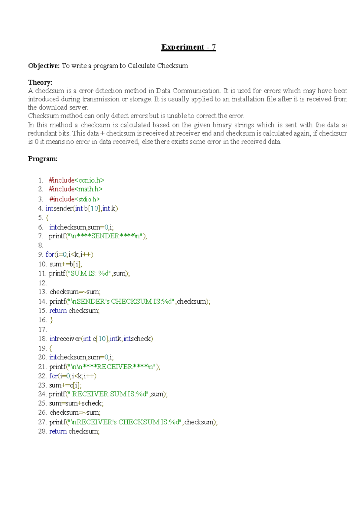 CN 7-13 - Experiment - 7 Objective: To write a program to Calculate ...