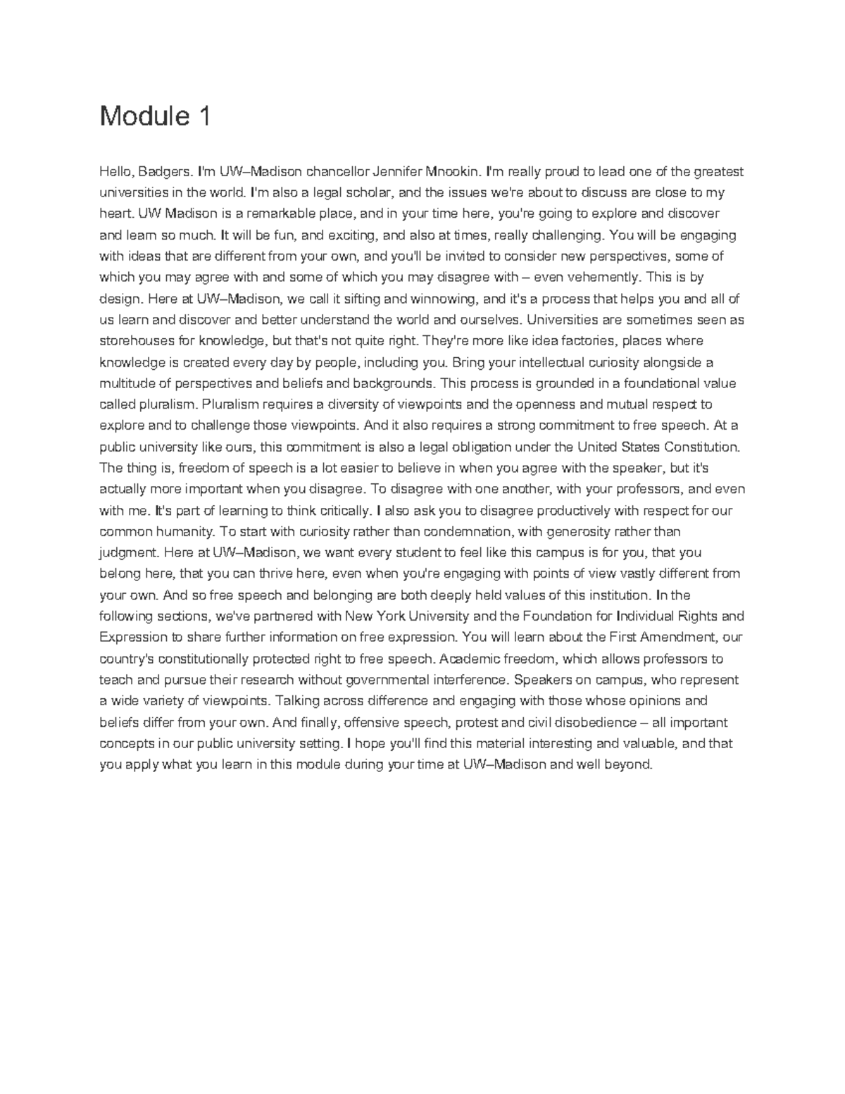 Module 1 Transcript - ewfGRAETRYTYRHTEGRAWEF - Module 1 Hello, Badgers ...