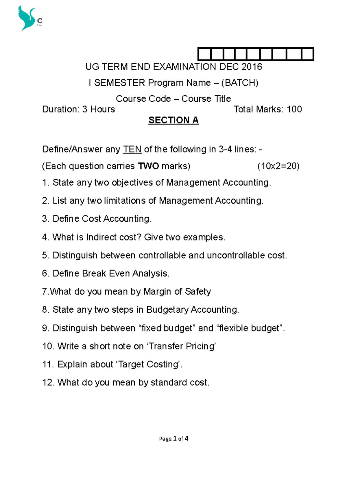 Question Paper format for ug 100 marks (1) - UG TERM END EXAMINATION ...