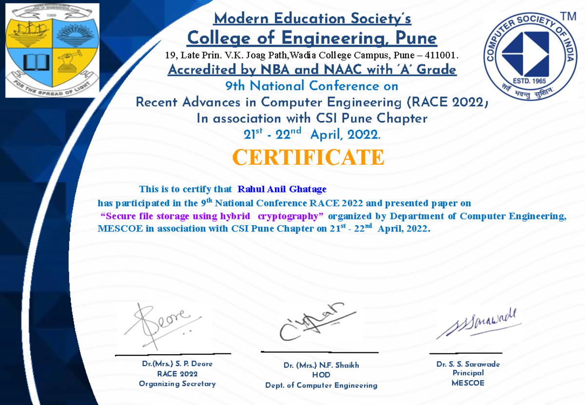 Rahul Anil Ghatage Race 2022 Certificate - CERTIFICATE This is to ...
