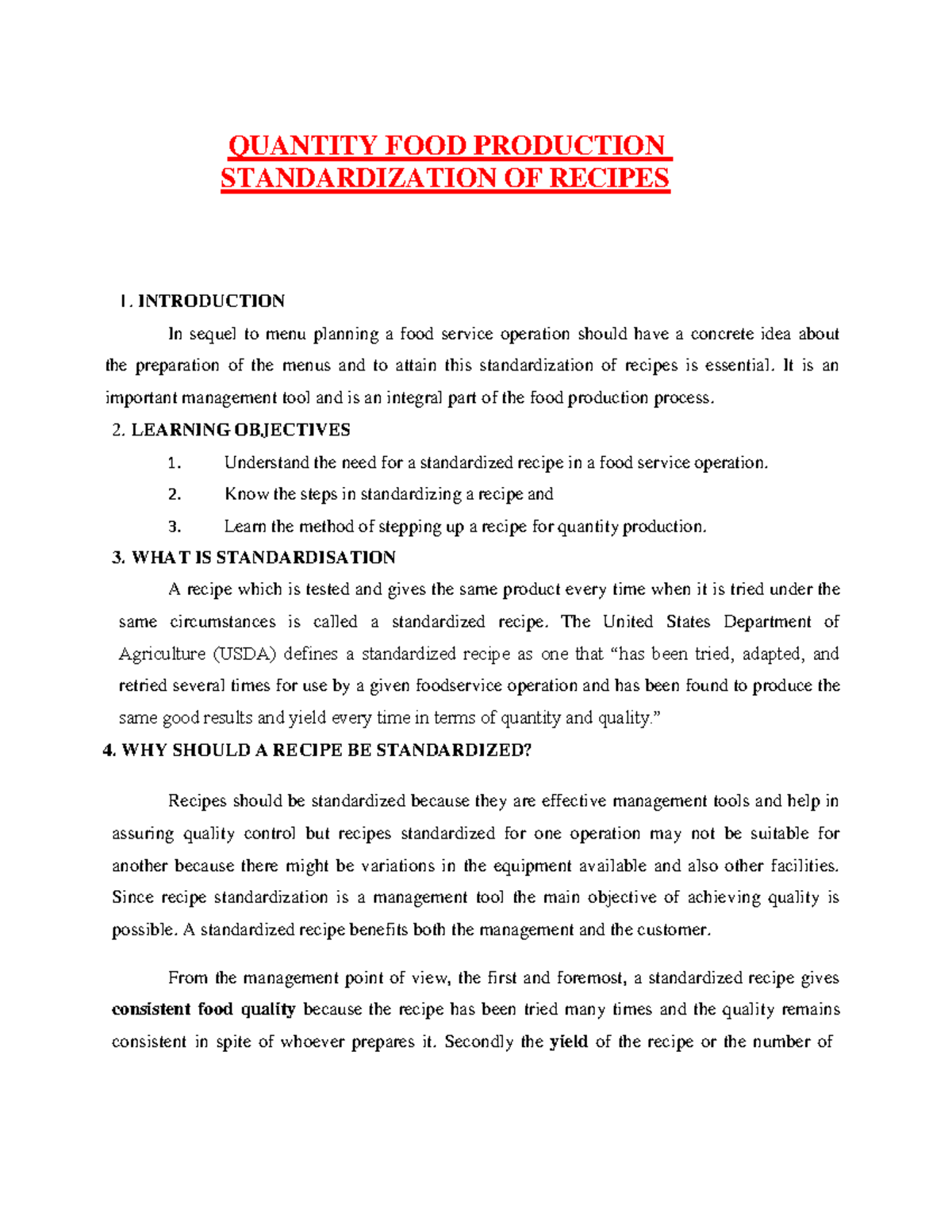 Quantity FOOD Production Standardization OF Recipes - QUANTITY FOOD ...