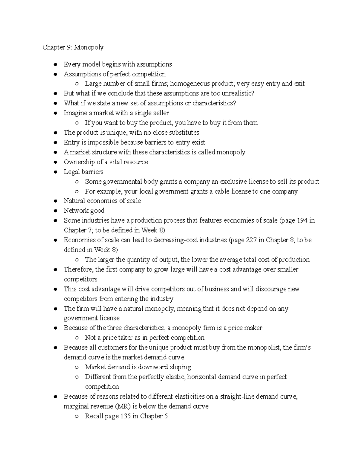 Micro Econ Week 7 Notes - monopolies - Chapter 9: Monopoly Every model ...