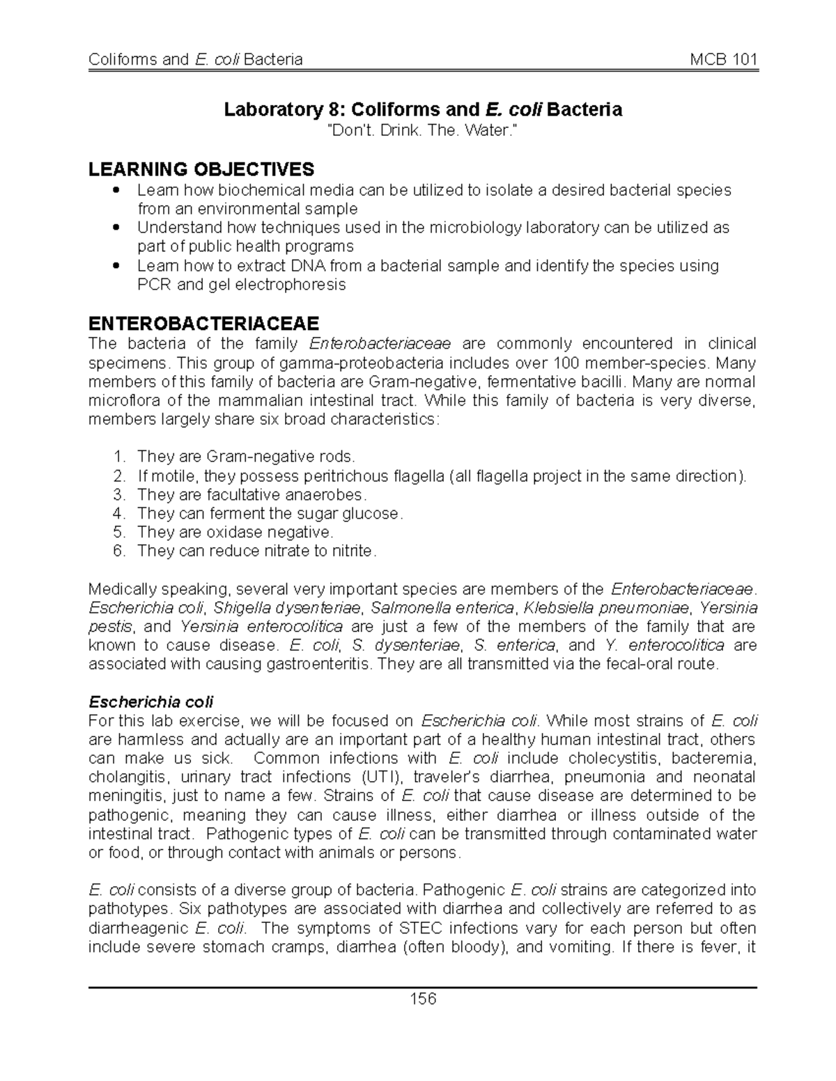 MCB 101 Coliforms and E. coli Bacteria experiment - Laboratory 8 ...