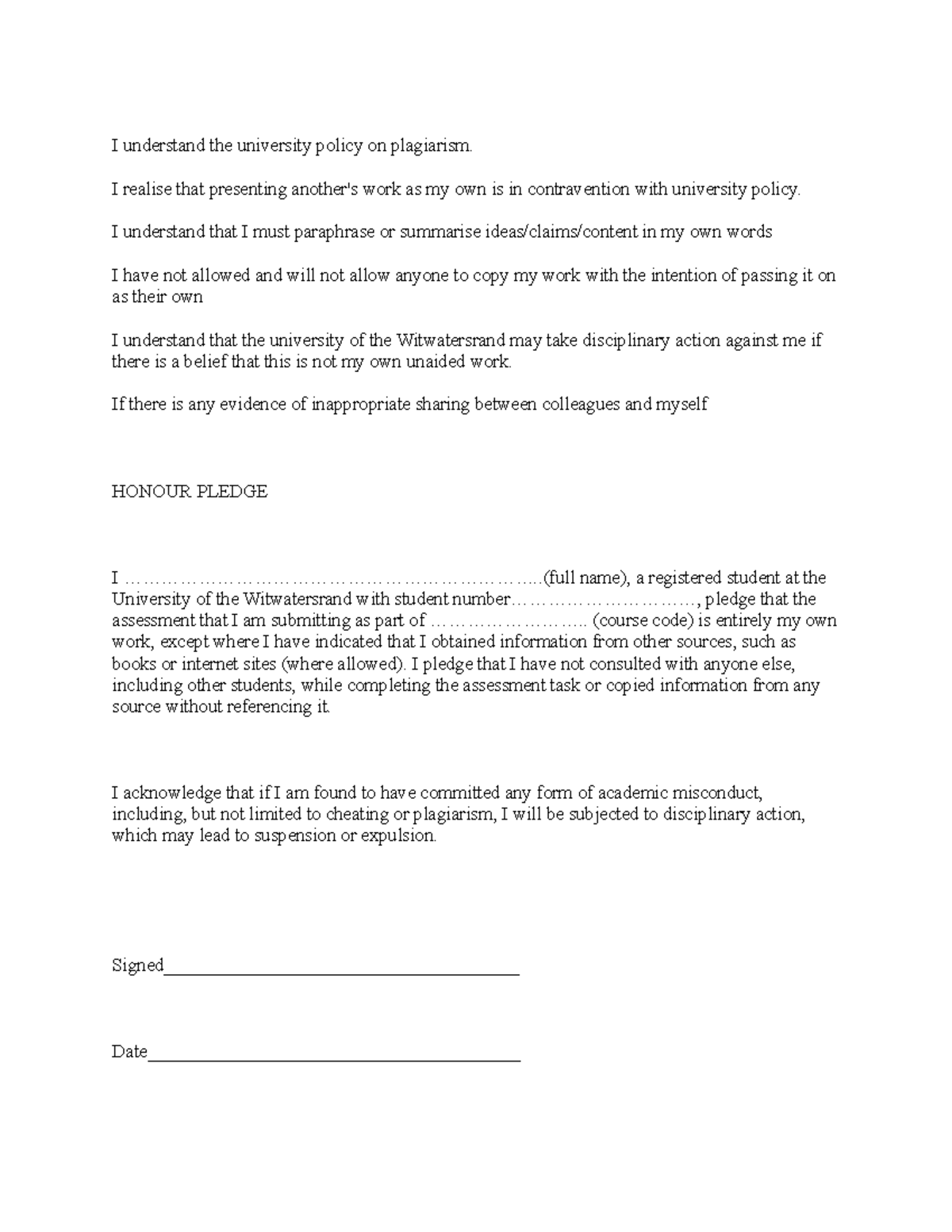 Honour+pledge - Will help you to declare to work - I understand the ...