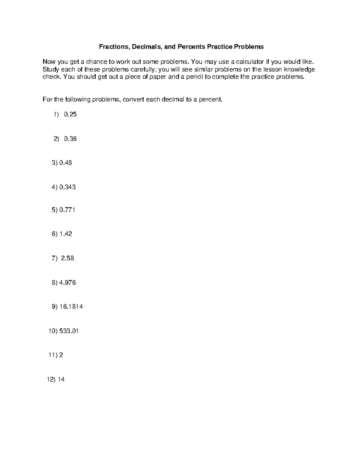 Activity 1 - TEst - Fractions, Decimals, and Percents Practice Problems ...