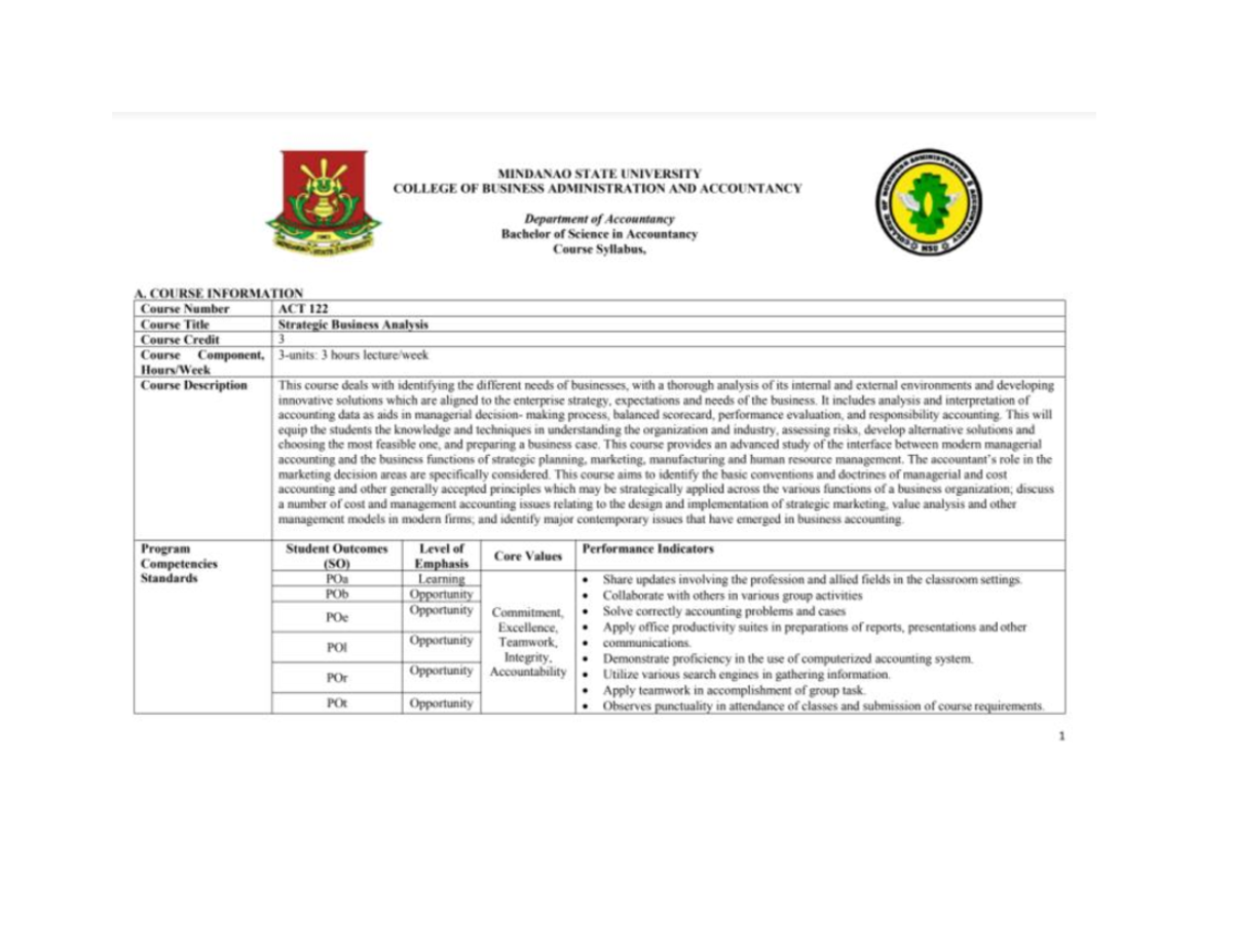 ACT 122 Syllabus - Accounting - Studocu