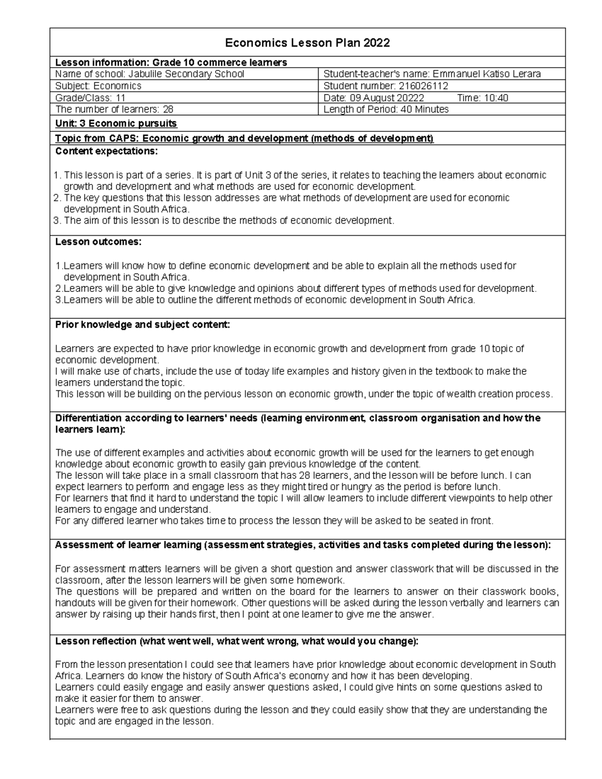 09 Economics Lesson Plan - It is part of Unit 3 of the series, it ...