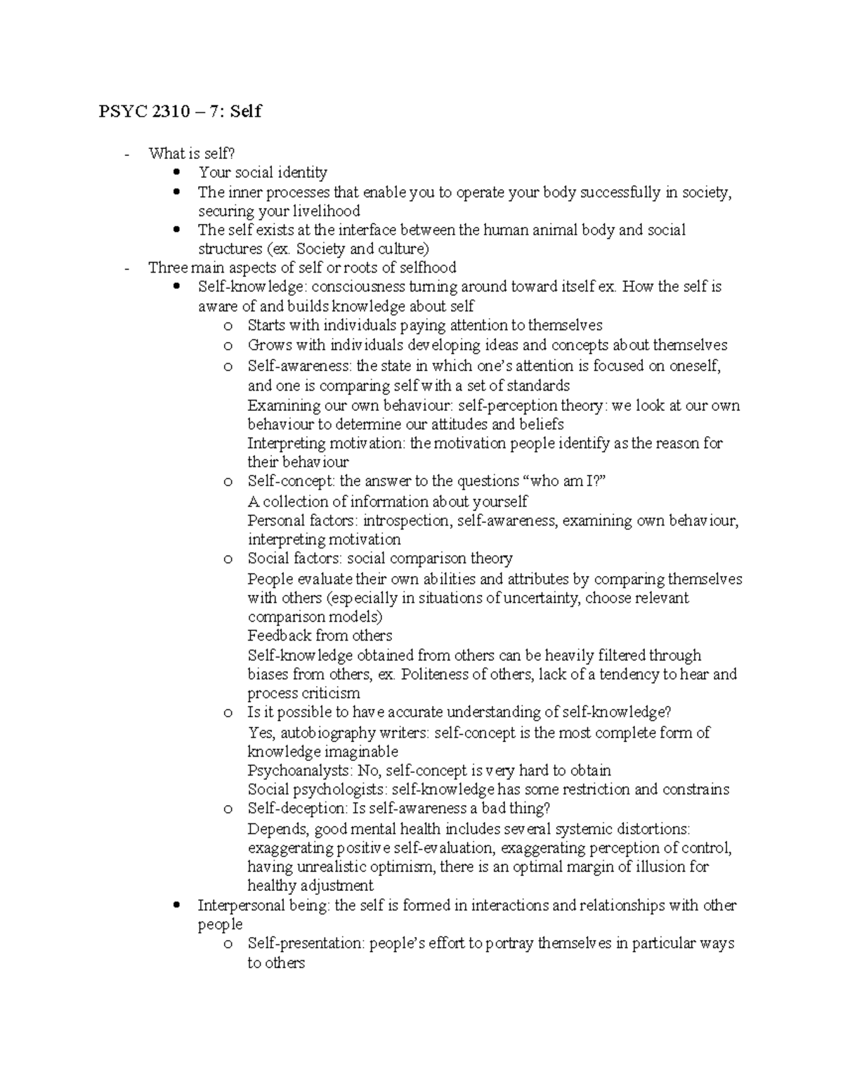 PSYC 2310- Lecture 7 - PSYC 2310 – 7: Self What is self? Your social ...