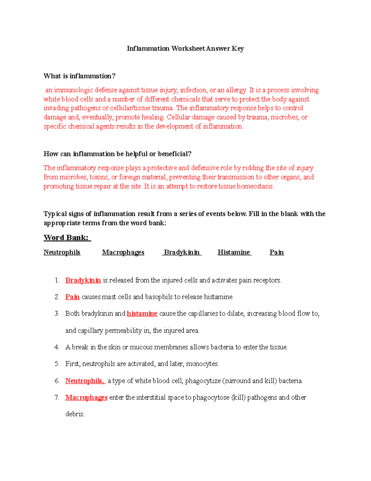 Inflammation Worksheet Answer Key - It is a process involving white ...