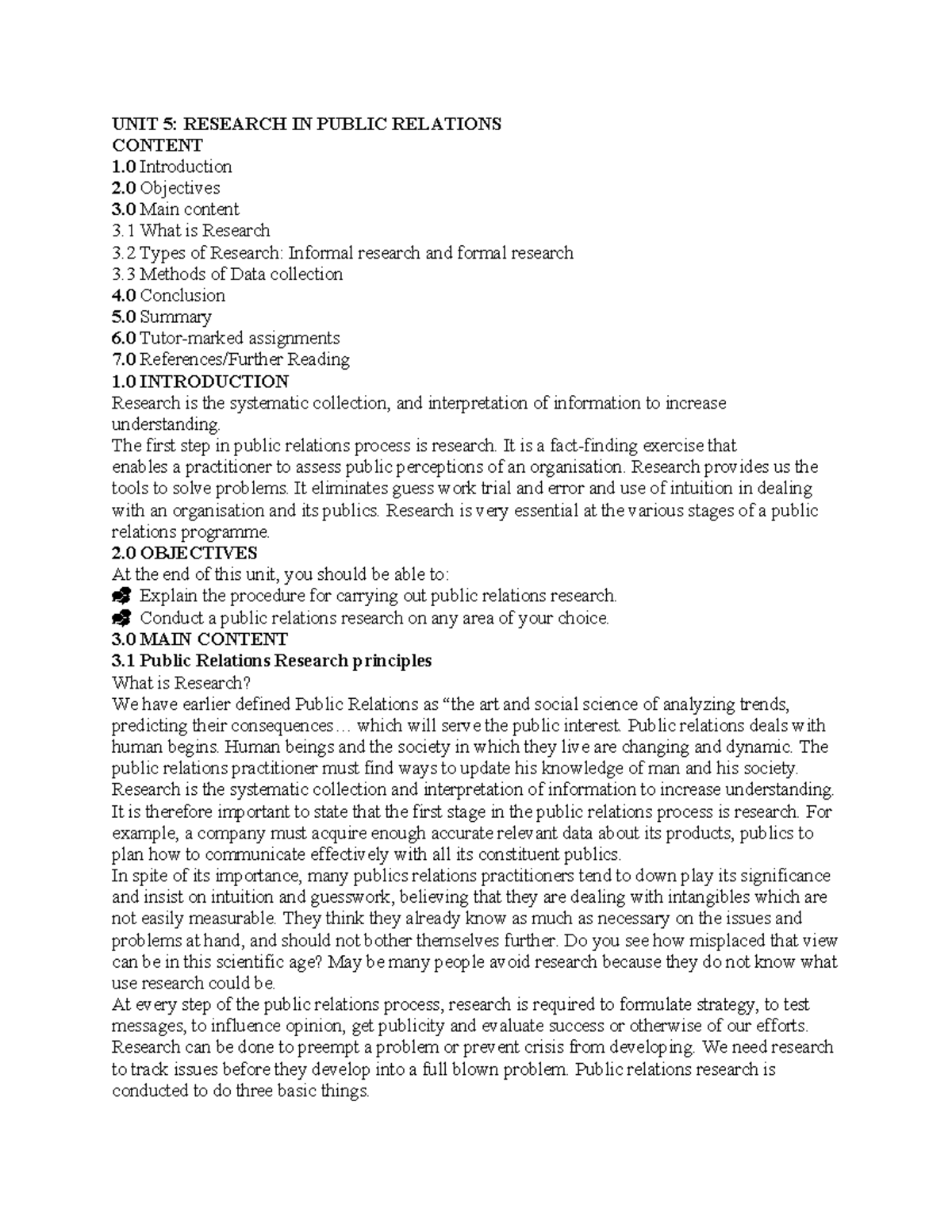 Research in PR notes - UNIT 5: RESEARCH IN PUBLIC RELATIONS CONTENT 1 ...