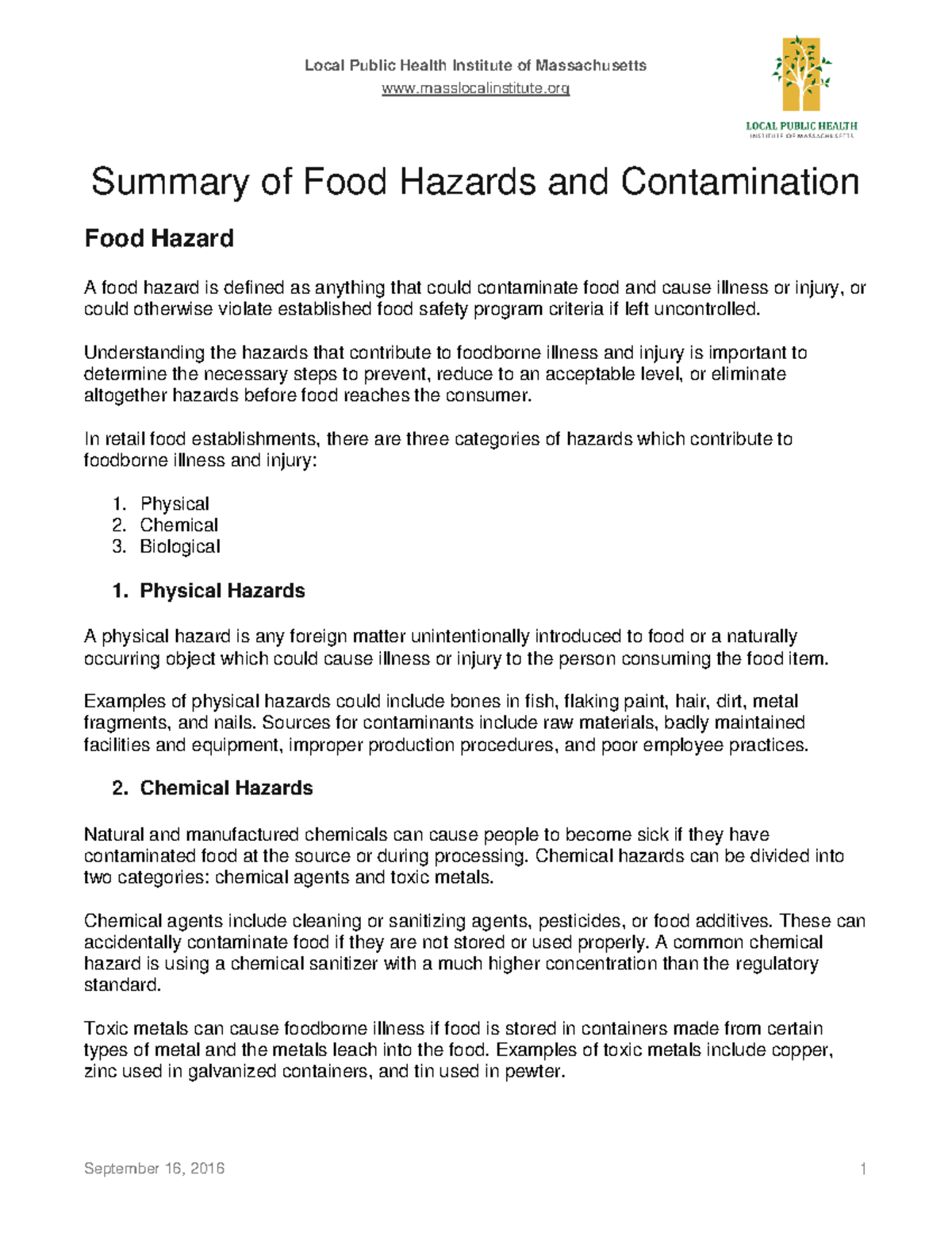 Summary Food Contam - One - Local Public Health Institute of ...