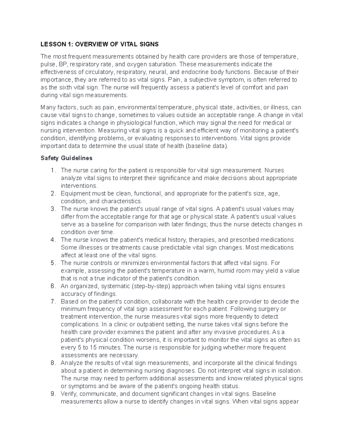 Module 4 Vital Signs Notes - LESSON 1: OVERVIEW OF VITAL SIGNS The most ...