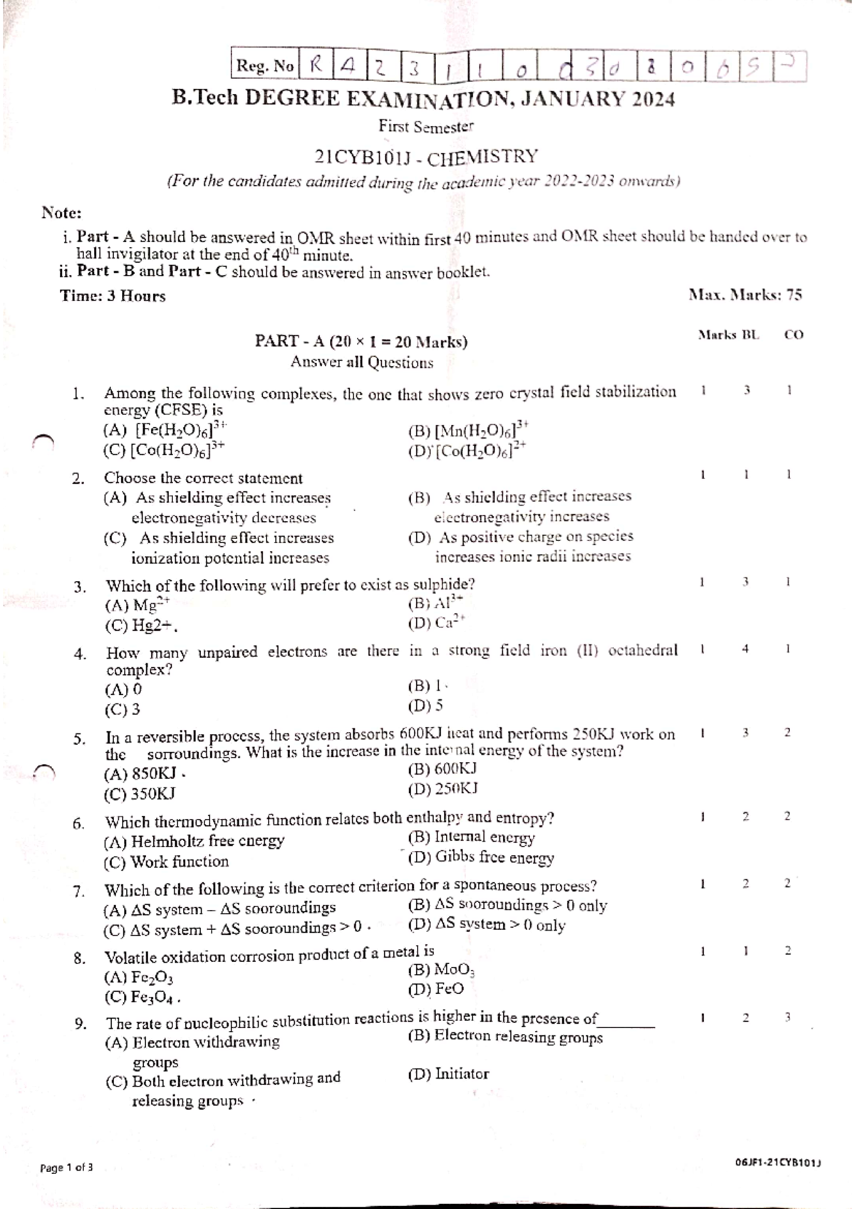 CHEM UNIV QP JAN 24 - Questions papers - Reg. No RA231003080052 B ...