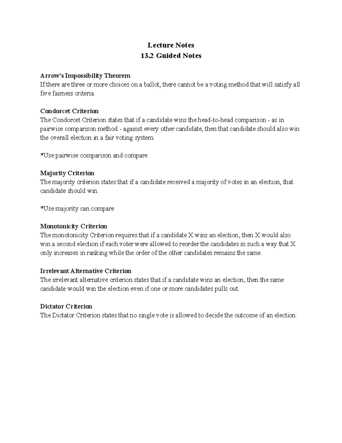Arrow's Impossibility Theorem - Lecture Notes 13 Guided Notes Arrow’s ...