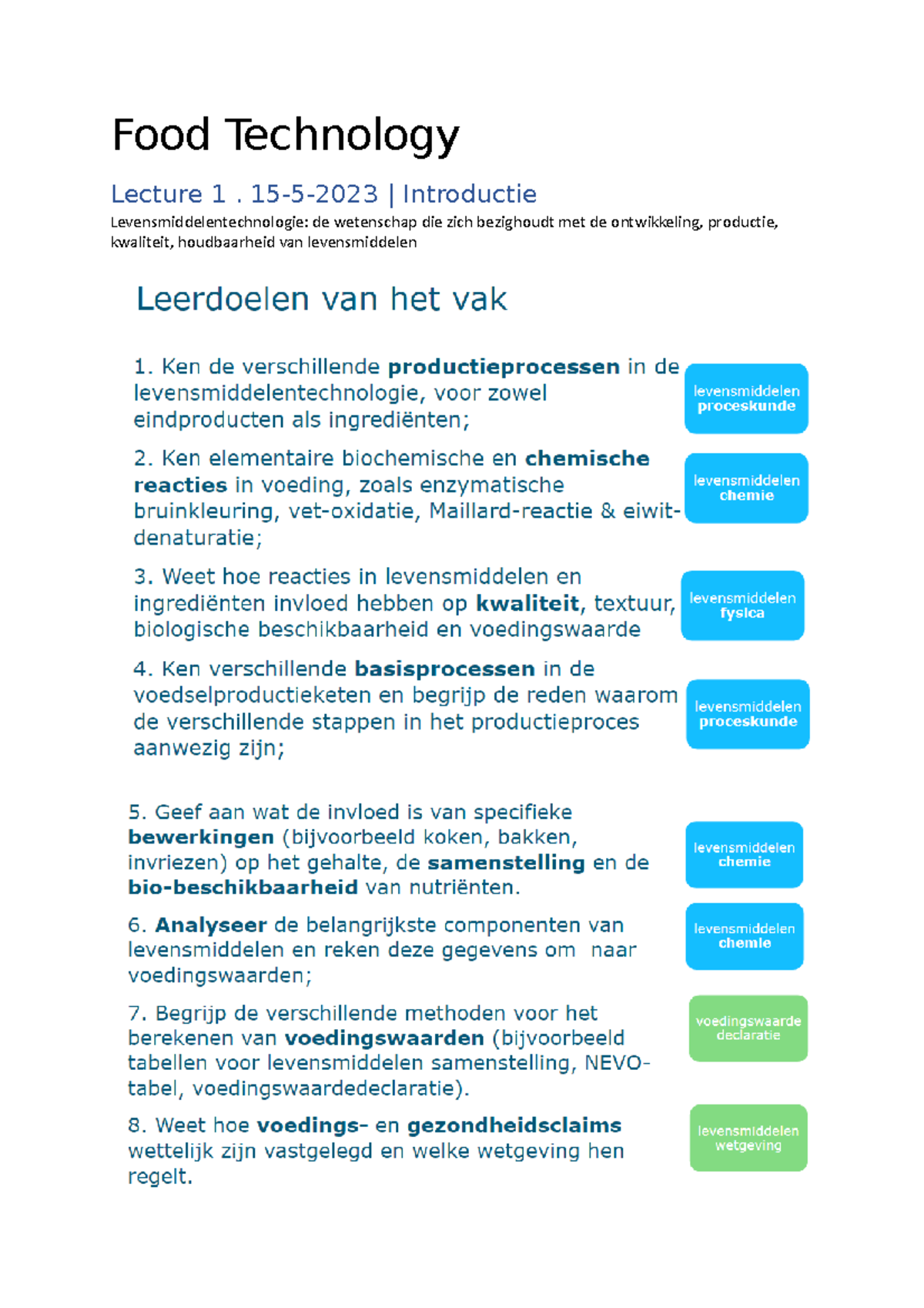 Food Technology - Food Technology Lecture 1. 15-5-2023 | Introductie ...