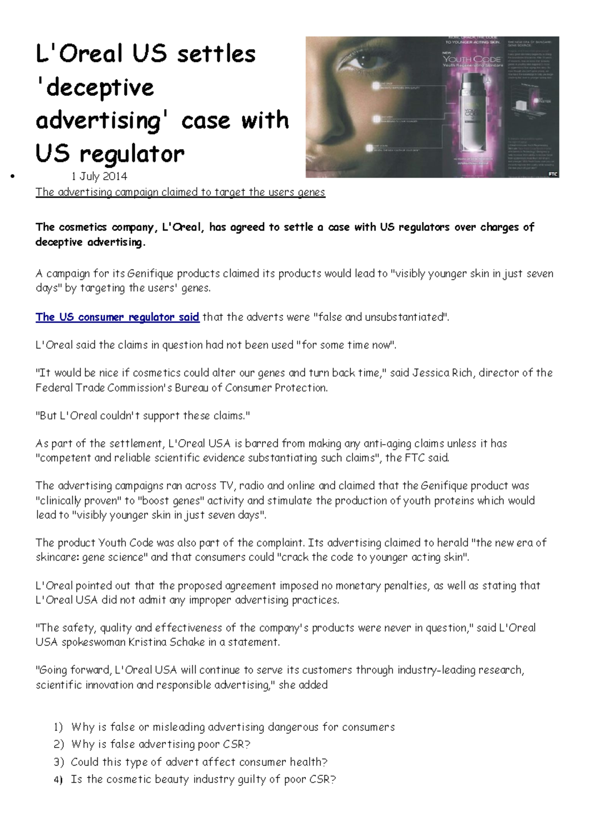 Loreal Case study - L'Oreal US settles 'deceptive advertising' case ...