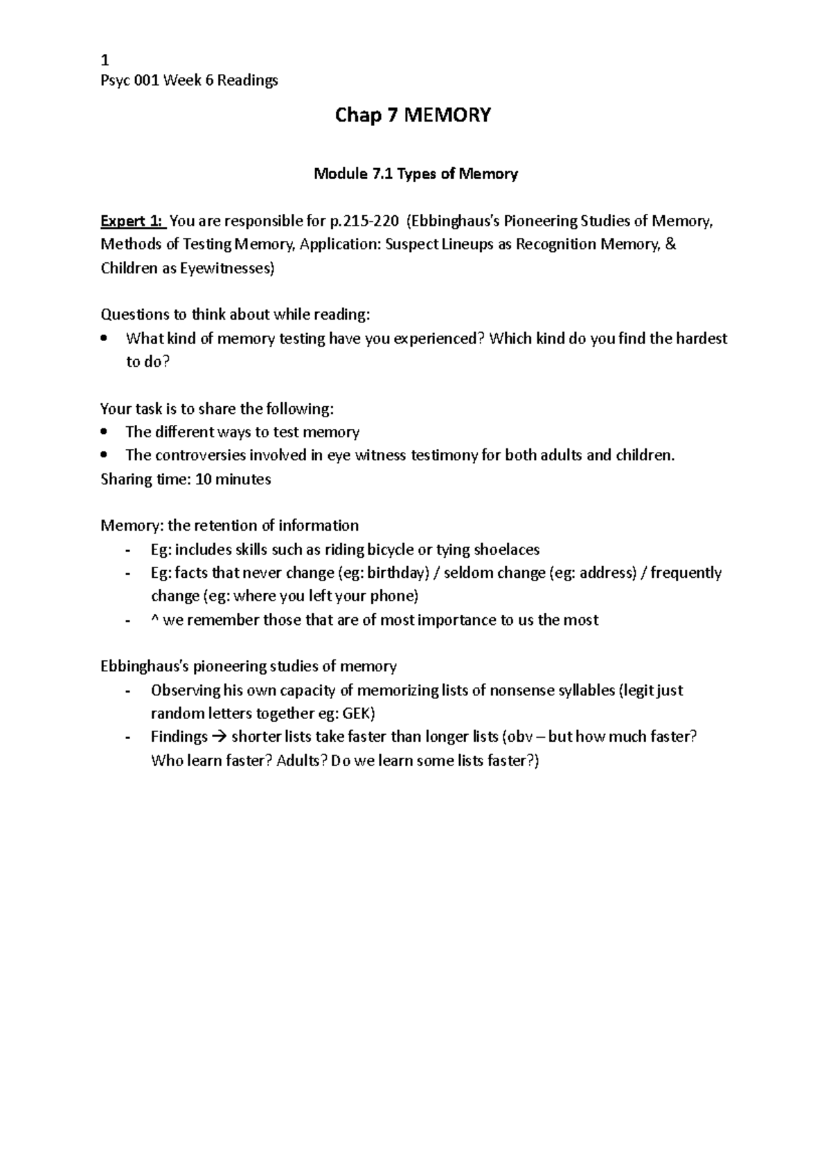 Memory - As described in the Title, short sweet and sassy notes - Psyc ...