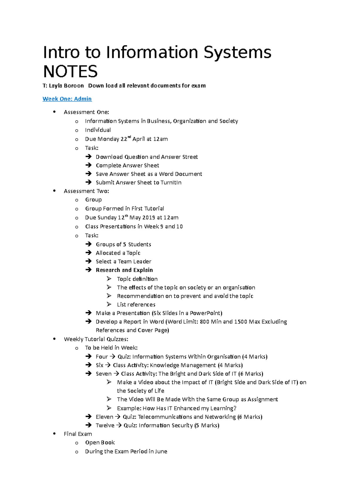 Summary note - Intro to Information Systems NOTES T: Layla Boroon Down ...