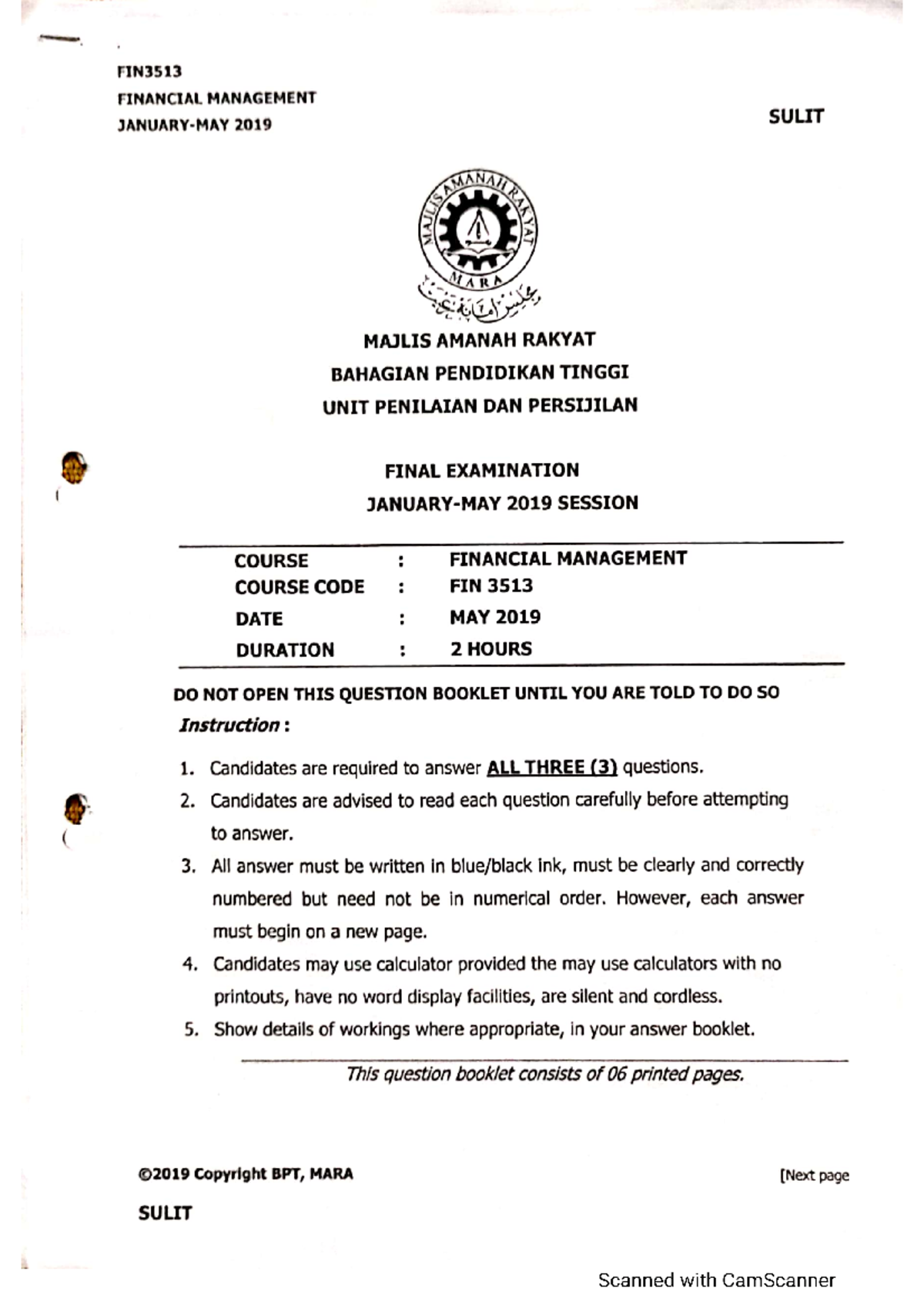 FEQ MAY 2019 FIN3513 - answer scheme 2019 - Business Economics - Studocu