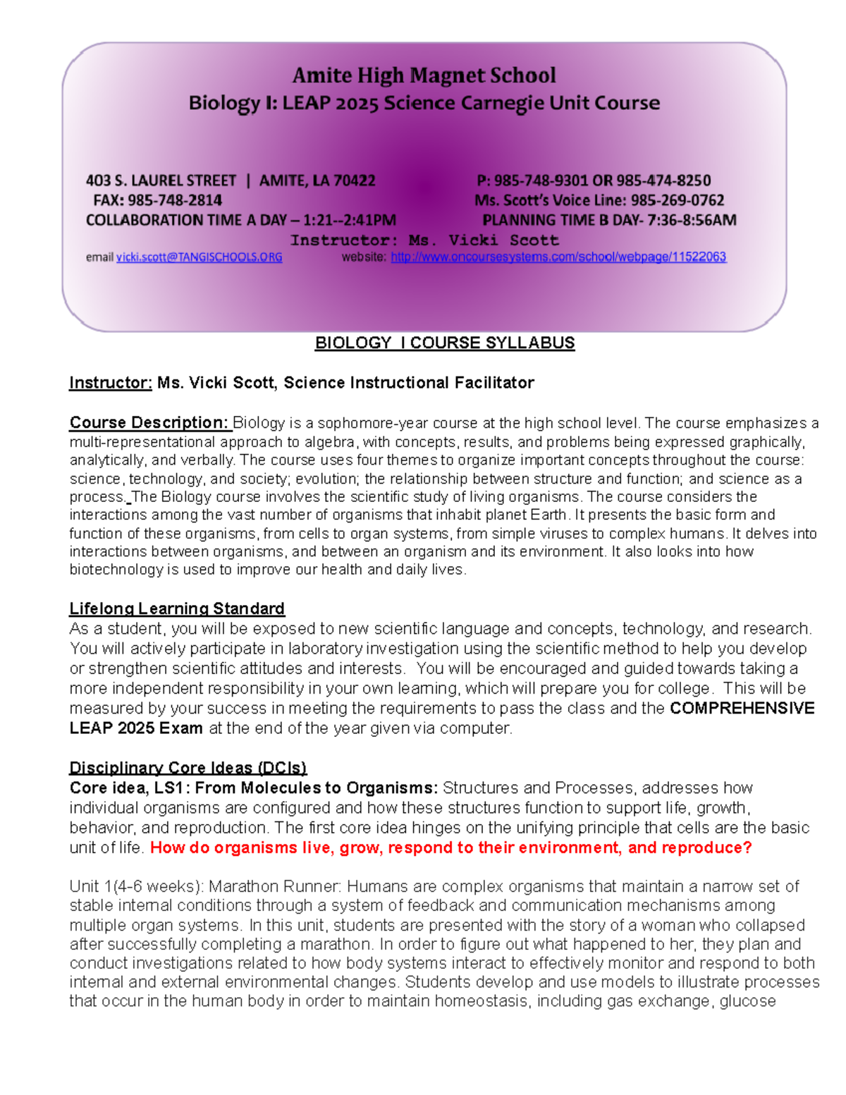 Scott Sylamhssbiology 2022-23 - BIOLOGY I COURSE SYLLABUS Instructor ...