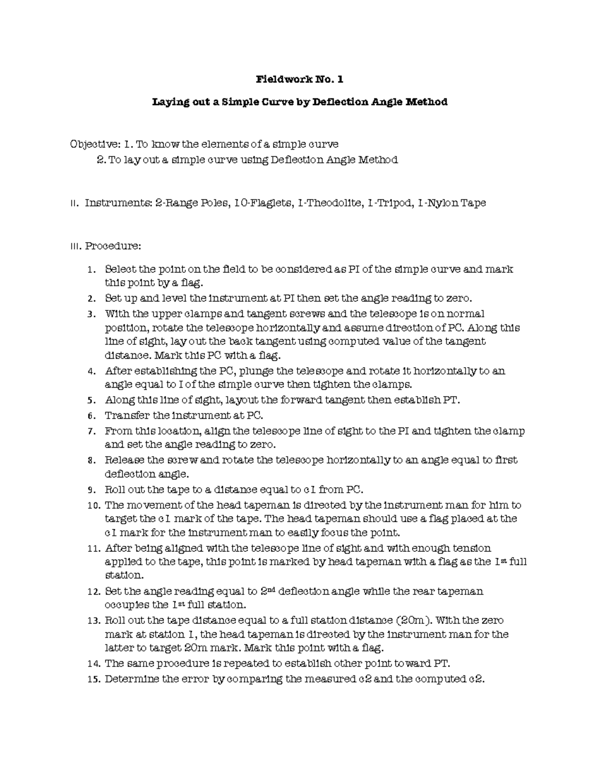 Fieldwork 1 - About Laying out a Simple Curve by Deflection Angle Method - Fieldwork No. 1 ...