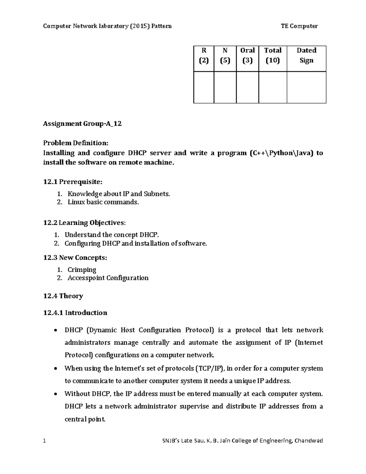 Cn manual 12 - Assignment Group-A_ Problem Definition: Installing and configure DHCP server and ...