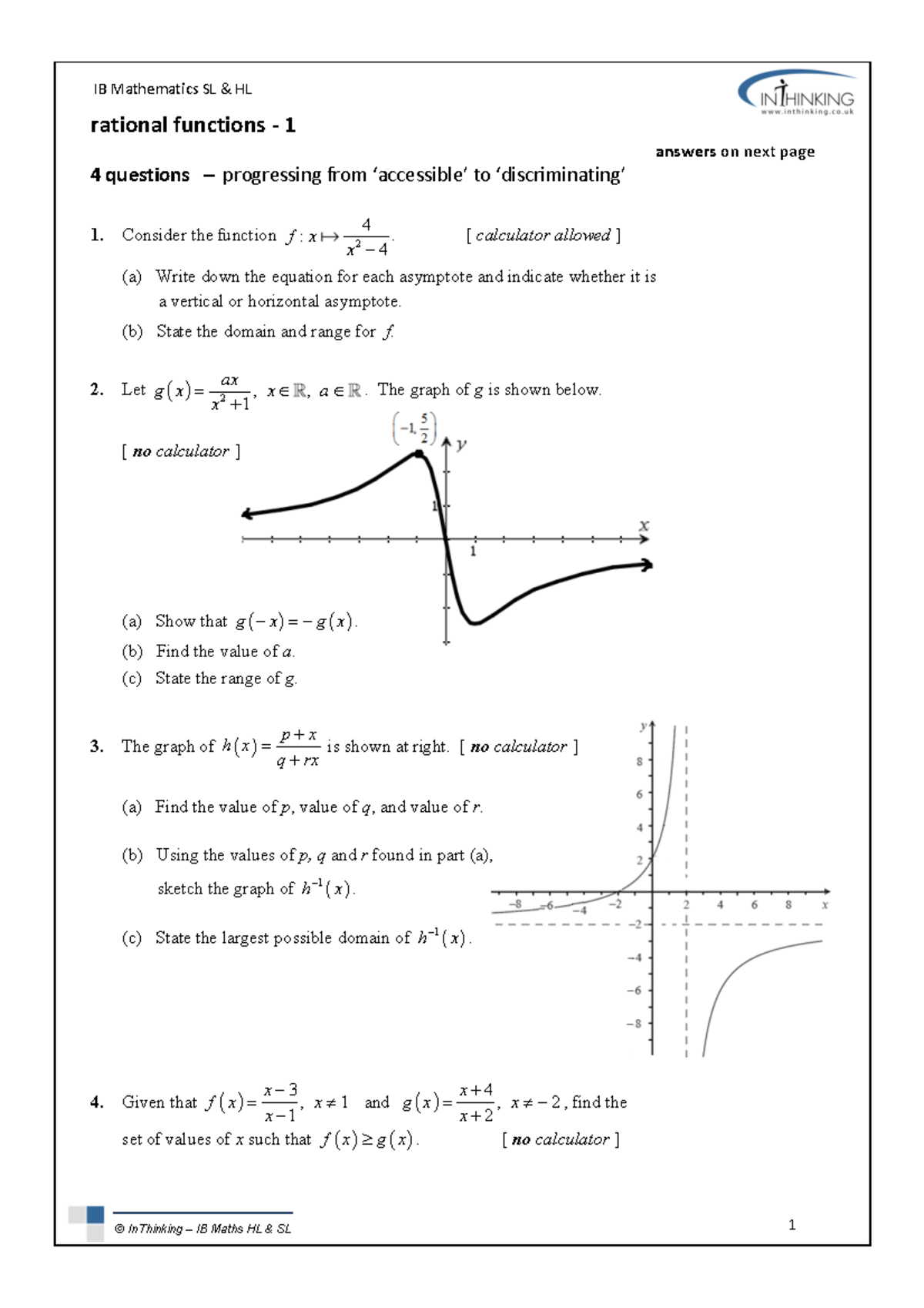 4 qs rational fn Quizf223 - IB Mathematics SL & HL rational functions - 1 © InThinking – IB ...