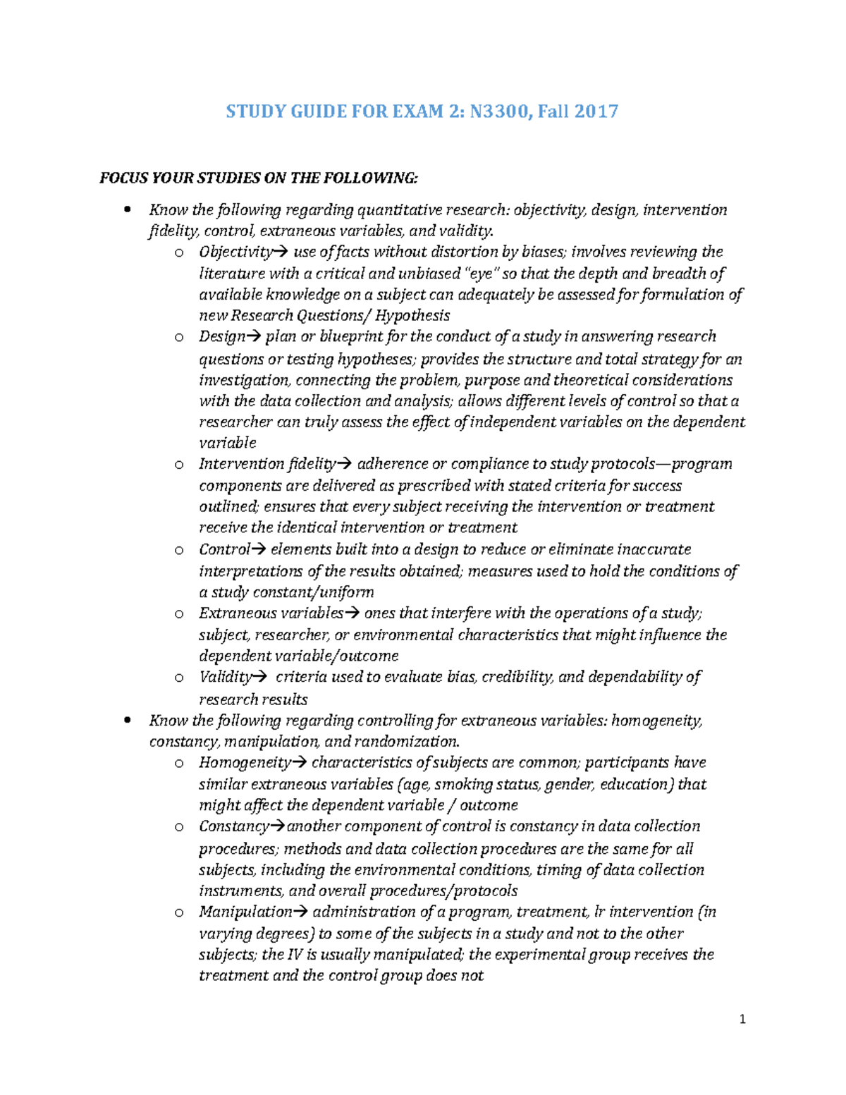 Research- study guide test 2 - STUDY GUIDE FOR EXAM 2: N3300, Fall 2017 ...